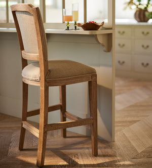 Camaret Bar Stool – Weathered Oak/Wild Oats Wide Herringbone | OKA