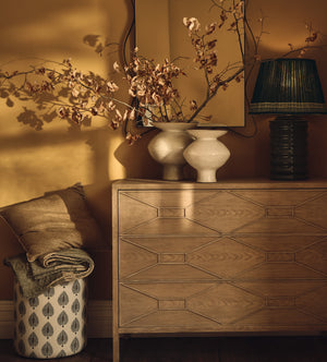 Samena Ocellus Linen Ottoman - Blue/Natural Brown | OKA