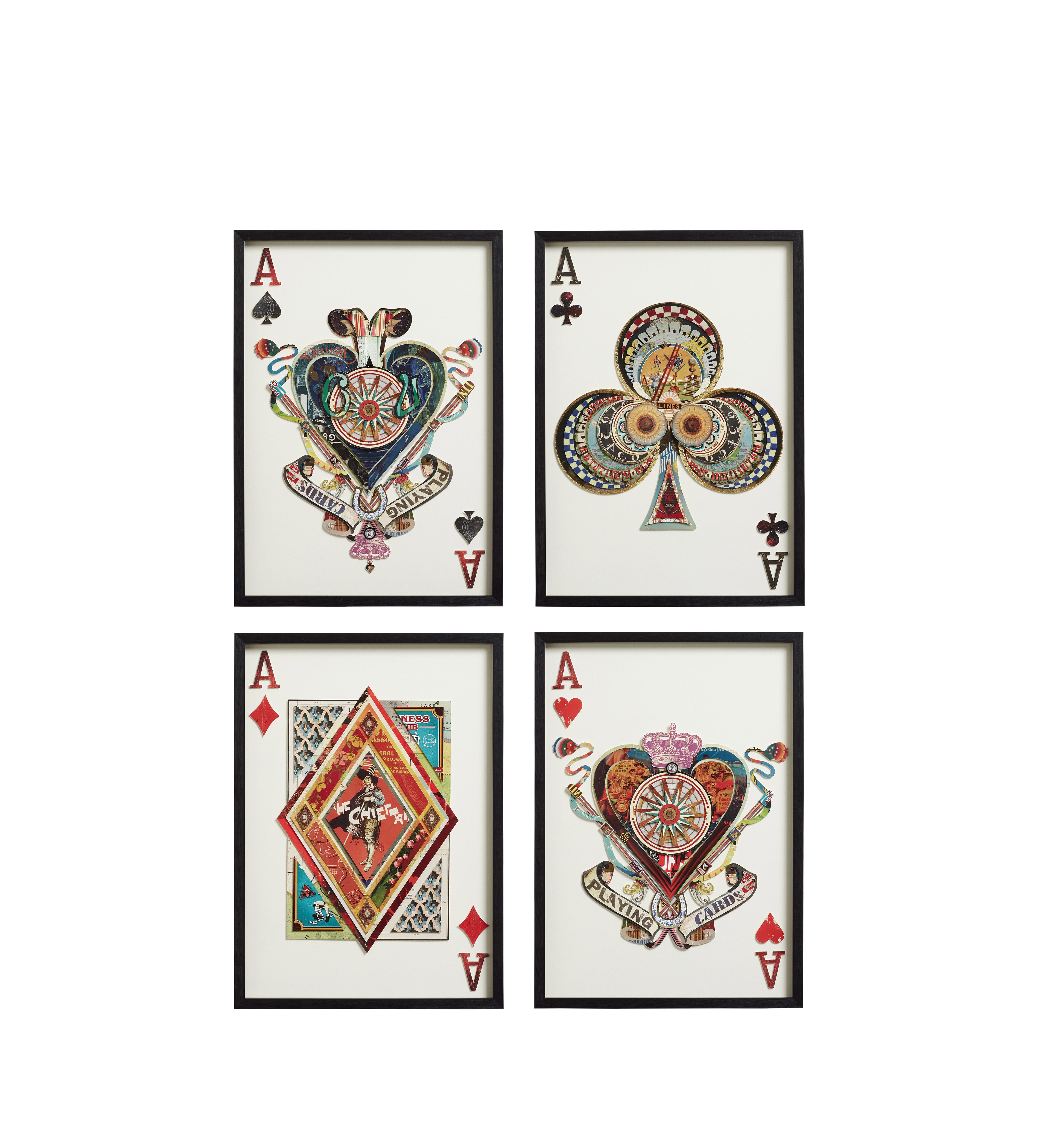 Framed Playing Card Ace Collages - Set of Four - Multi-Coloured | OKA