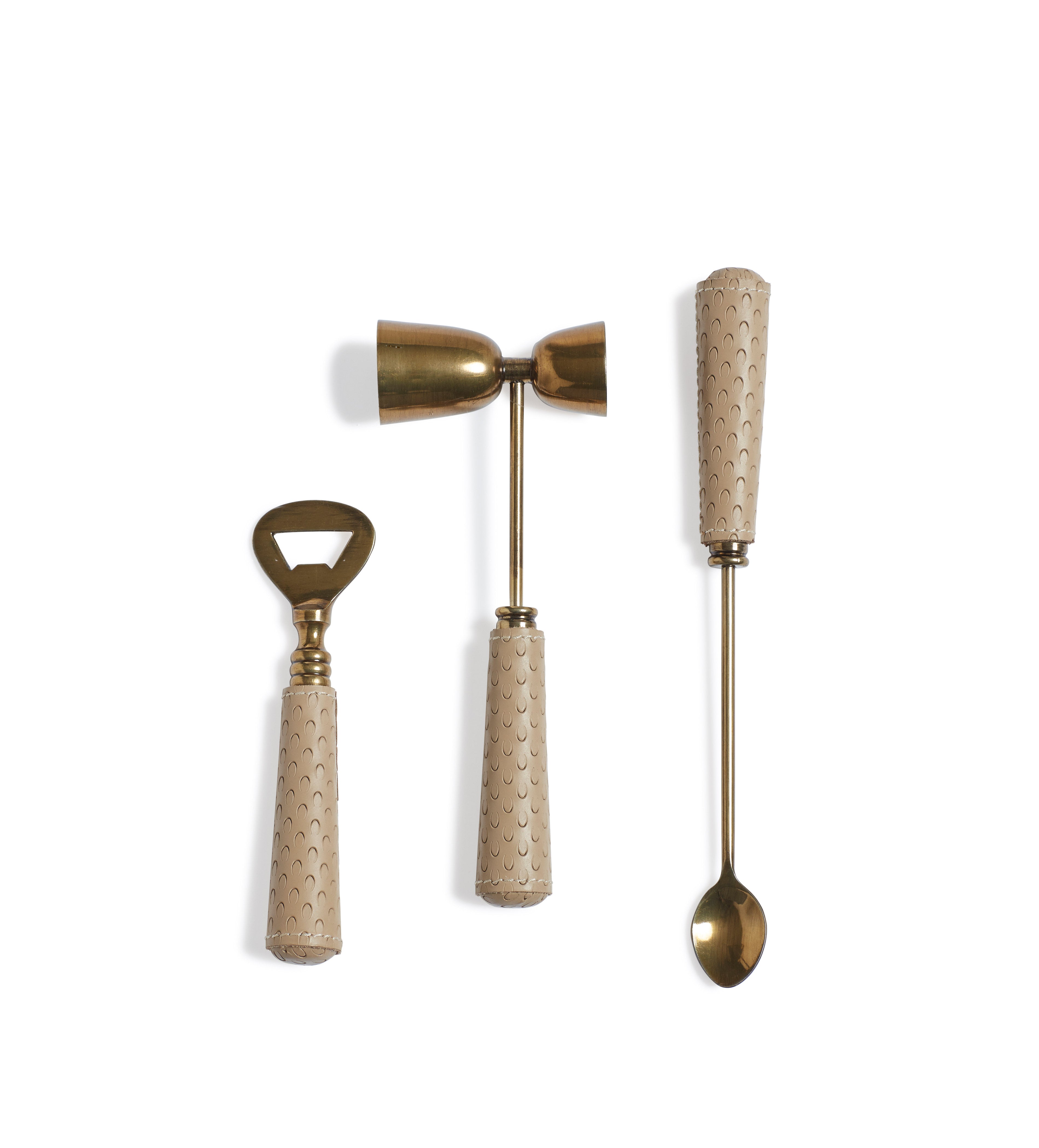 Emsworth Leather Bar Utensils - Set of Three - Taupe Brown | OKA